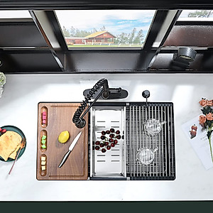 33 Inch Black Stainless Steel Undermount Kitchen Sink - iAnomla 33x19x10 Undermount Workstation Sink 16 Gauge Gunmetal Black Deep Single Bowl Kitchen Sink with Cutting Board & Colander