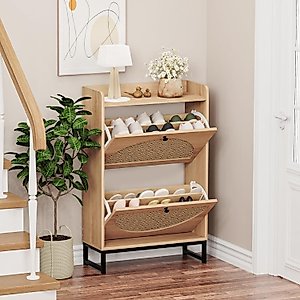 KFO Shoe Cabinet with 2 Handmade Natural Rattan Flip Drawers, Entryway Shoe Rack Storage Organizer for Sneakers, Leather Shoes, Slippers, Free Standing Shoe Racks……