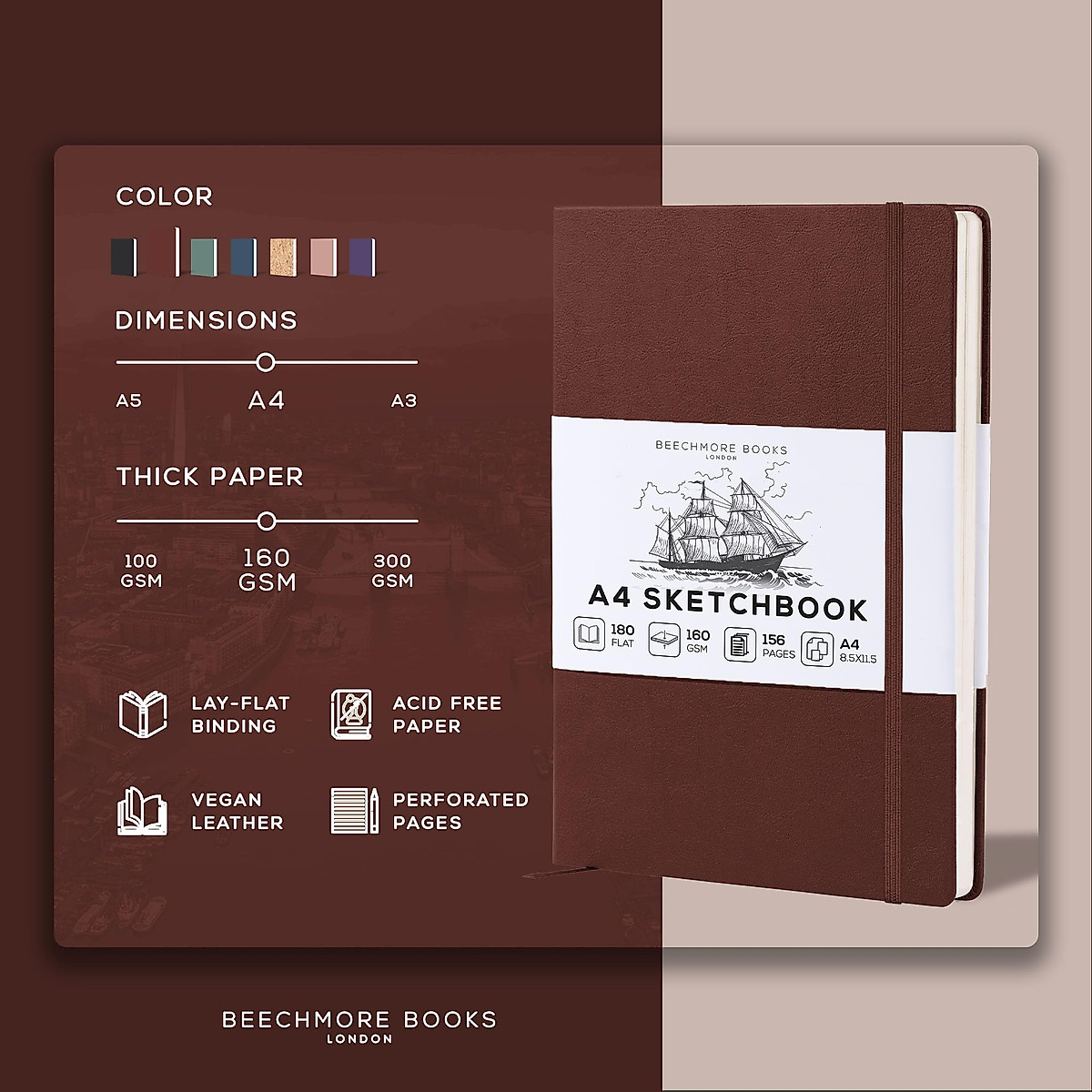 BEECHMORE BOOKS Sketch Book, A4 8.5 x 11.5 inch Blank Sketchbook for Drawing, Paint and Draw, 156 Pages Thick Paper 160gsm, Hardcover Leather Art Notebook, Boxed for Gifts (Chestnut Brown)