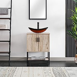 eclife 24" Bathroom Vanity Sink Combo Cabinet Modern Stand Pedestal Gold Boat Tempered Glass Vessel Sink & 1.5 GPM Water Save Faucet & Solid Brass Pop Up Drain (A29GD B16AK)