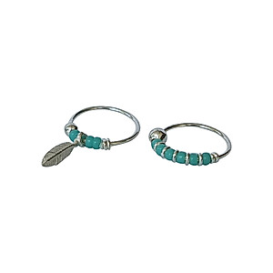 Handmade Silver 2Pcs Small 10MM Cartilgae Helix Piercing Beaded Hoop Earrings, 925 Sterling Silver Thin 22Gauge Set of Two Turquoise Beads & Feather Hoops for women, By Miya Jewelry