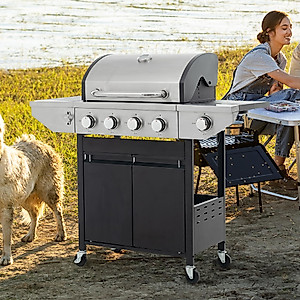 Lepfun High-Performance 4 Burner 9550 BTU Gas Hood & Side Shelves Heavy Duty Flat Top Griddle Grill Station, Barbecue Grill Stainless Steel Gas Grill with Side Burner and Thermometer for BBQ, Camping