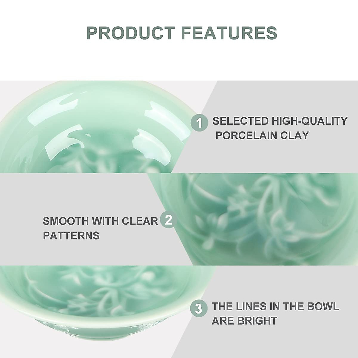 DOITOOL Chinese Sake cup Ceramic Sake Tea Cup Cyan Clay Creative Embossed Celadon Tea Cup Porcelain Bowl, Color Change, Plant Pattern Tableware Wide Mouth Tea Bowl(Random Embossed Pattern)