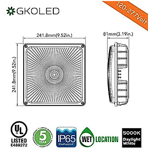 GKOLED 40W LED Square Canopy Light Replaces 175W PSMH with 5450lumens, 5000K and Dark Bronze Finish, UL Listed, 5-Year Limited Warranty Ideal for Indoor and Outdoor Applications