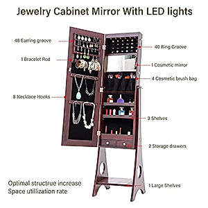 BOSTANA 6 Led Jewelry Cabinet Mirror Standing, Jewelry Organizer Touch Control & 4 Adjustable Angle,Full Length Mirror Jewelry Armoire With Storage Rack & Lockable Mirror For Livingroom,Gift