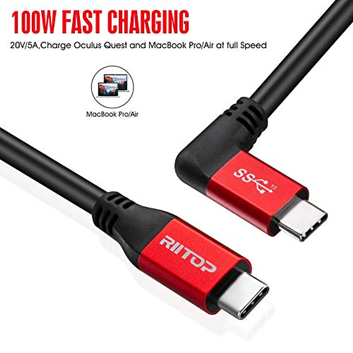 RIITOP USB C to C Cable 100W [10ft], USB 3.1 C (Gen 2) Cable [Angled] with E-Marker, up to 100W PD Charging, 10Gbps Data, 4K Video, Compatible with MacBook Pro, Oculus Quest 2, USB C Monitor Display