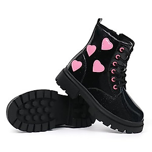 starmerx Girls Ankle Boots Lace Up Combat Boot Side Zipper Comfortable Boys Boots (2,Black Heart)