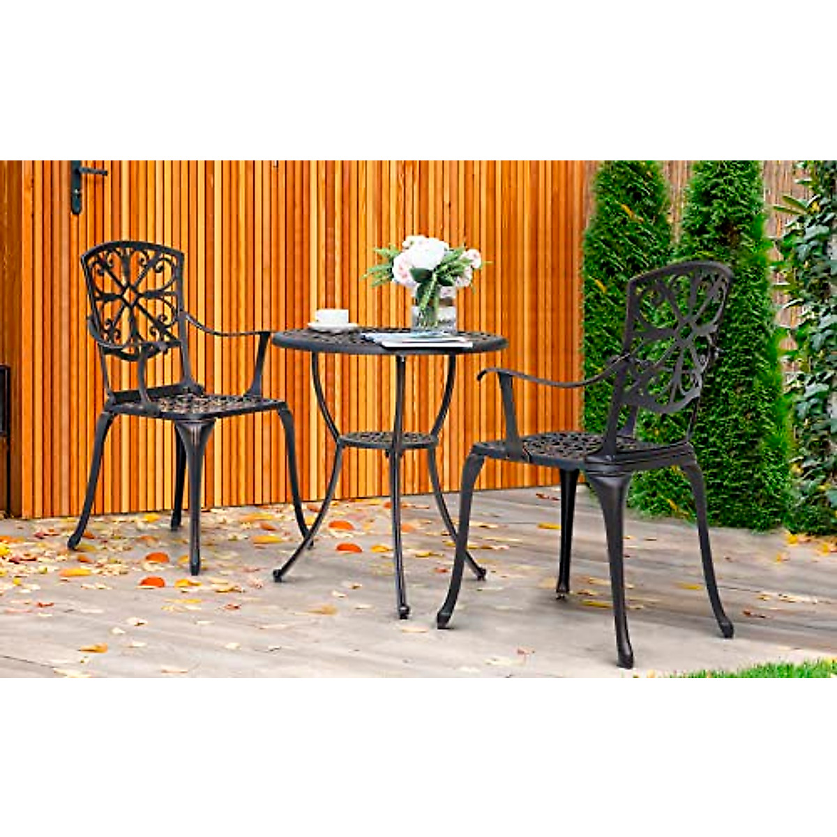 Nuu Garden 3 Piece Bistro Table Set Cast Aluminum Outdoor Furniture Weather Resistant Patio Table and Chairs with Umbrella Hole for Yard, Balcony, Porch, Black with Antique Bronze at The Edge