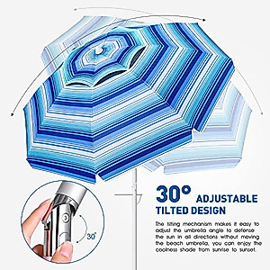 Beach Umbrella for Sand Wind Portable: 7FT Arc Length 6.5FT Diameter Heavy Duty Wind Resistant Striped Large Umbrellas UV 50+ Parasol with Anchor Screw Adjustable Height Tilting Pole 8 Ribs Carry Bag Lightweight