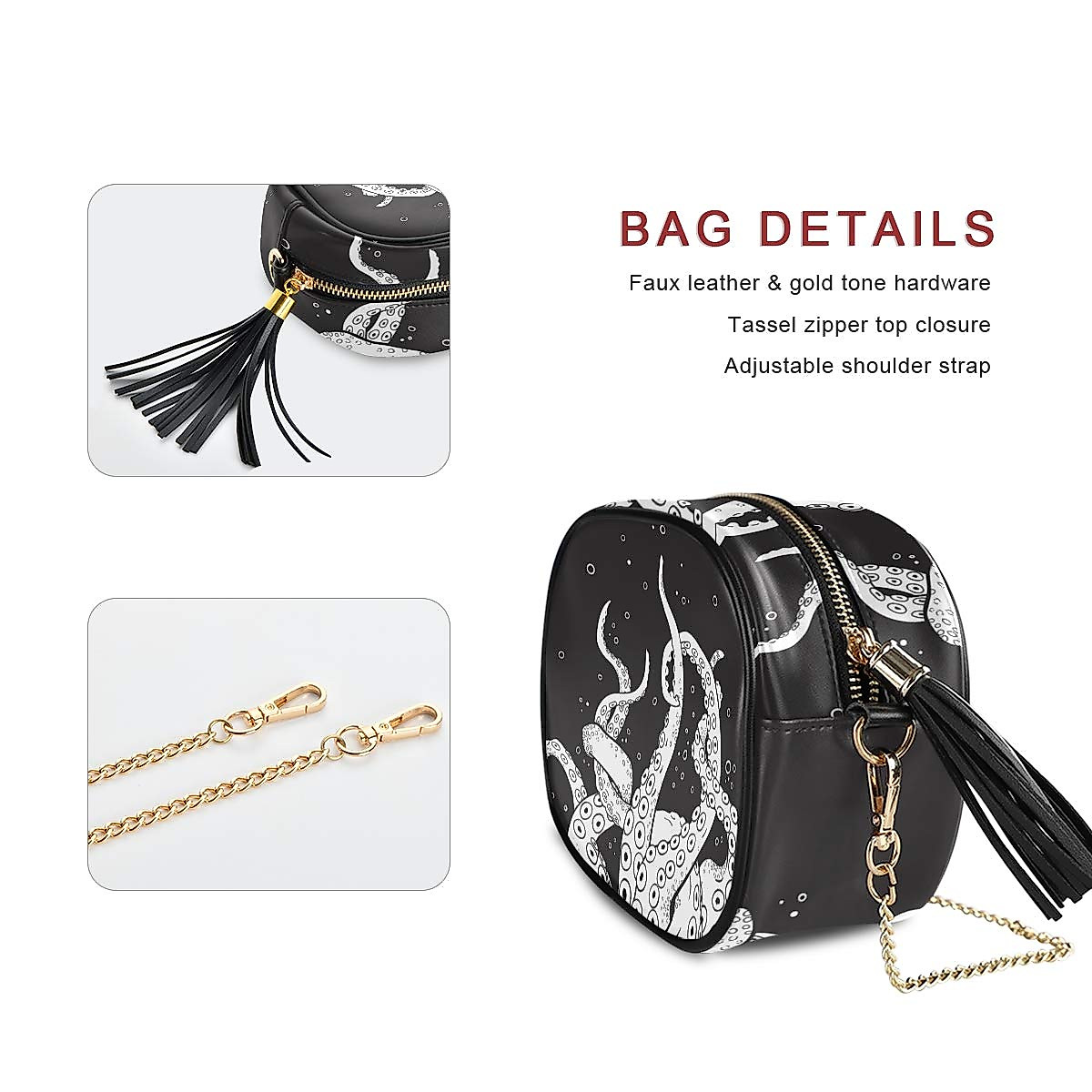 ALAZA Women's Octopus Tentacles on Black Cross Body Bag Chain Shoulder Handbag Purse with Tassel