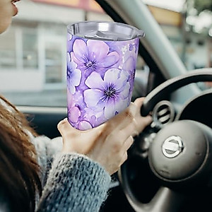 Tangopi Purple Watercolor Flowers 20 oz Tumbler with Lid and Straw Insulated Travel Coffee Mug Reusable Spill Proof Coffee Cups Stainless Steel Water Bottle for Hot and Cold Drinks
