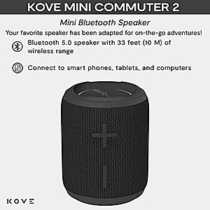 KOVE Mini Commuter 2 Portable Speaker - Black Bluetooth Speakers, Wireless with HD Louder Volume, Deep Bass Subwoofer, Microphone, IPX7 Water Resistant - Perfect Boom Box for Home, Outdoor or Travel