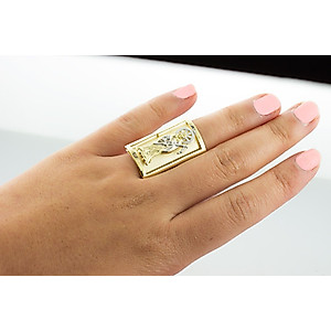 Religious Jewelry 14k Gold Long Santa Muerte Shield Ring (12.7 x 22.8 mm) (White-and-yellow-gold, 7)