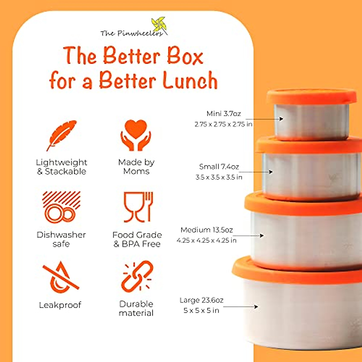 The Pinwheelers - Storage Containers With Lids, Food Storage Container Christmas Gift Bundle, Stainless Steel Containers With Lids In 4 Assorted Sizes, Family Gifts Ideas, Orange Lid