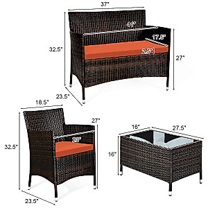 Tangkula 4-PCS Patio Rattan Conversation Set, Outdoor Wicker Furniture Set with Tempered Glass Coffee Table &Thick Cushion, Rattan Chair Wicker Set for Garden, Lawn, Poolside and Backyard (1, Orange)