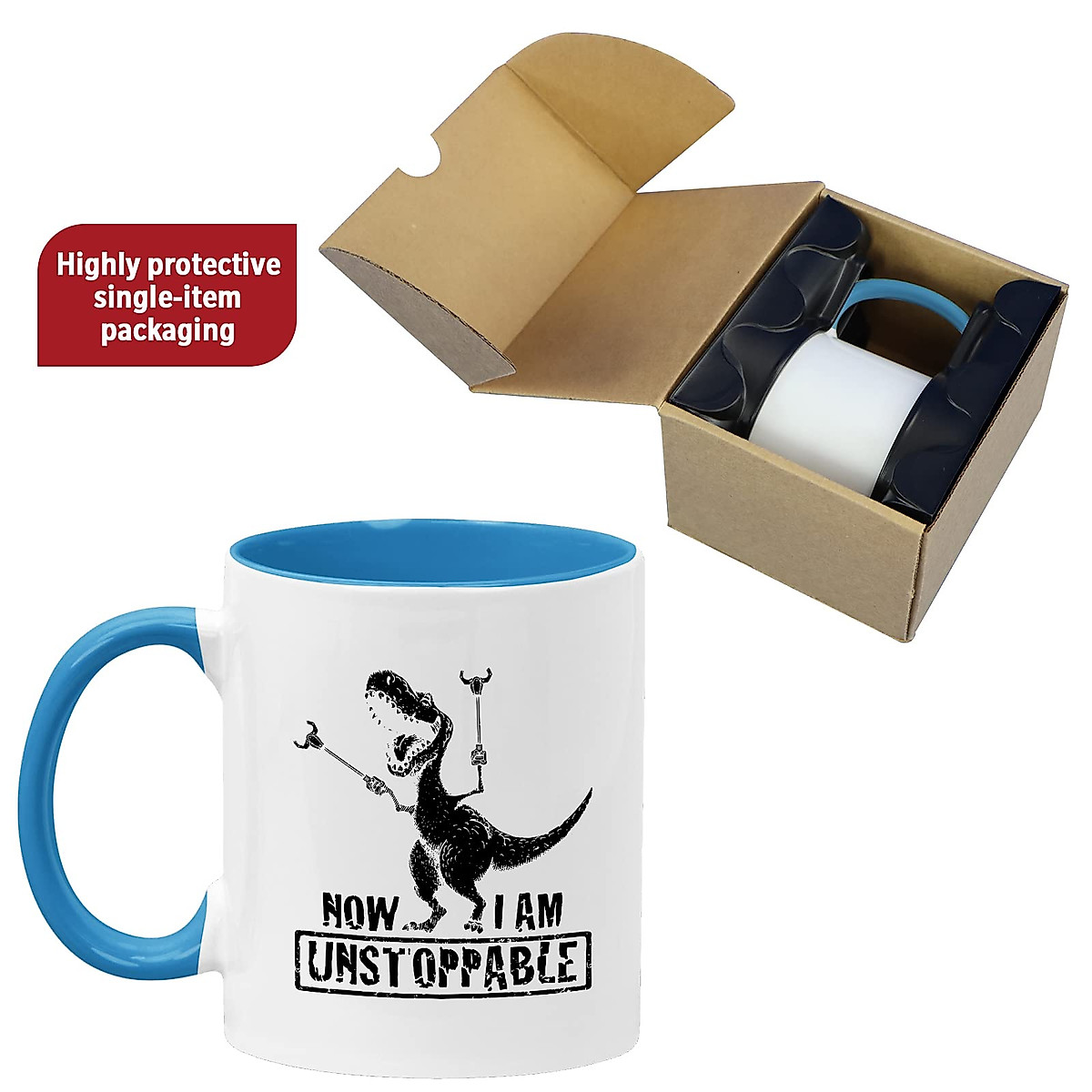 Okaytee T-rex Mug - Now I Am Unstoppable - Funny T-rex Dinosaur Gift Idea For Men and Women 11oz Two-Tone Mug White And Light Blue