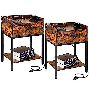 Lerliuo Nightstands Set of 2 with Charging Station and USB Ports, 3-Tier End Side Table with Storage Drawer and Shelf, Modern Bedside Night Stand for Bedroom, Retro Brown