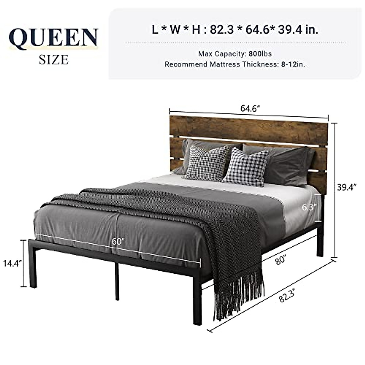 Allewie Queen Size Platform Bed Frame with Wooden headboard and Metal Slats/Rustic Country Style Mattress Foundation/Box Spring Optional/Strong Metal Slats Support/Easy Assembly