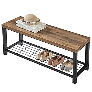 FOLUBAN Shoe Bench, Industrial Entryway Bench with Metal Storage Shelf, Rustic Indoor Shoe Storage Bench Seat, Oak
