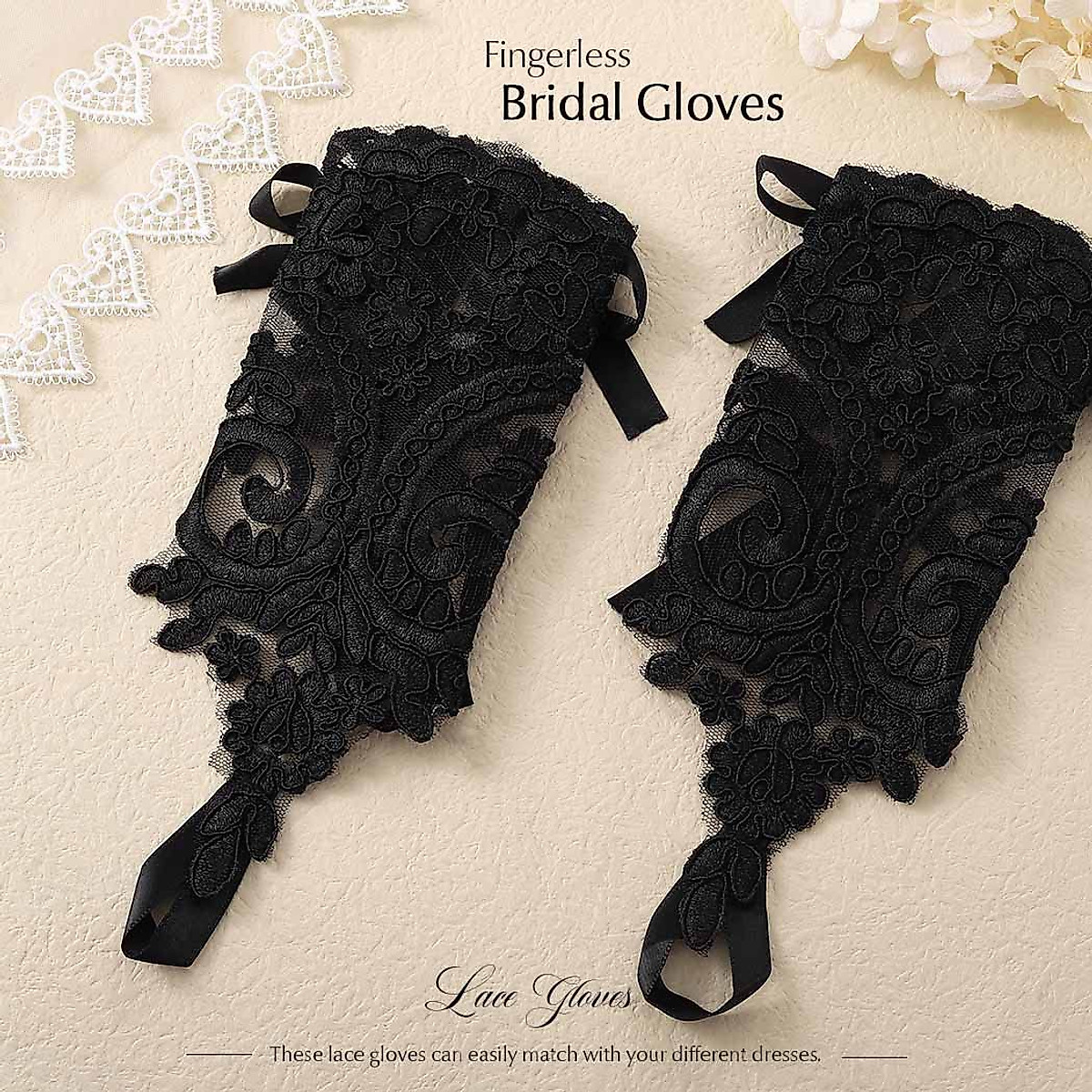 Latious Wedding Bride Lace Gloves Black Fingerless Bridal Gloves Floral Glove Party Prom Glove Accessories for Women and Brides