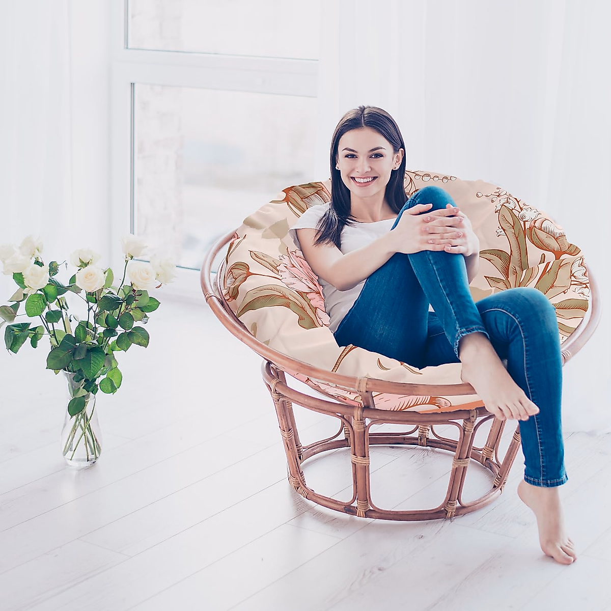 Tikitup Papasan chair cushion cover, outdoor waterproof papasan chair cushion cover, egg chair cushion cover, colorfast soft skin-friendly polyester fiber (Peony flower pattern, 50 IN)