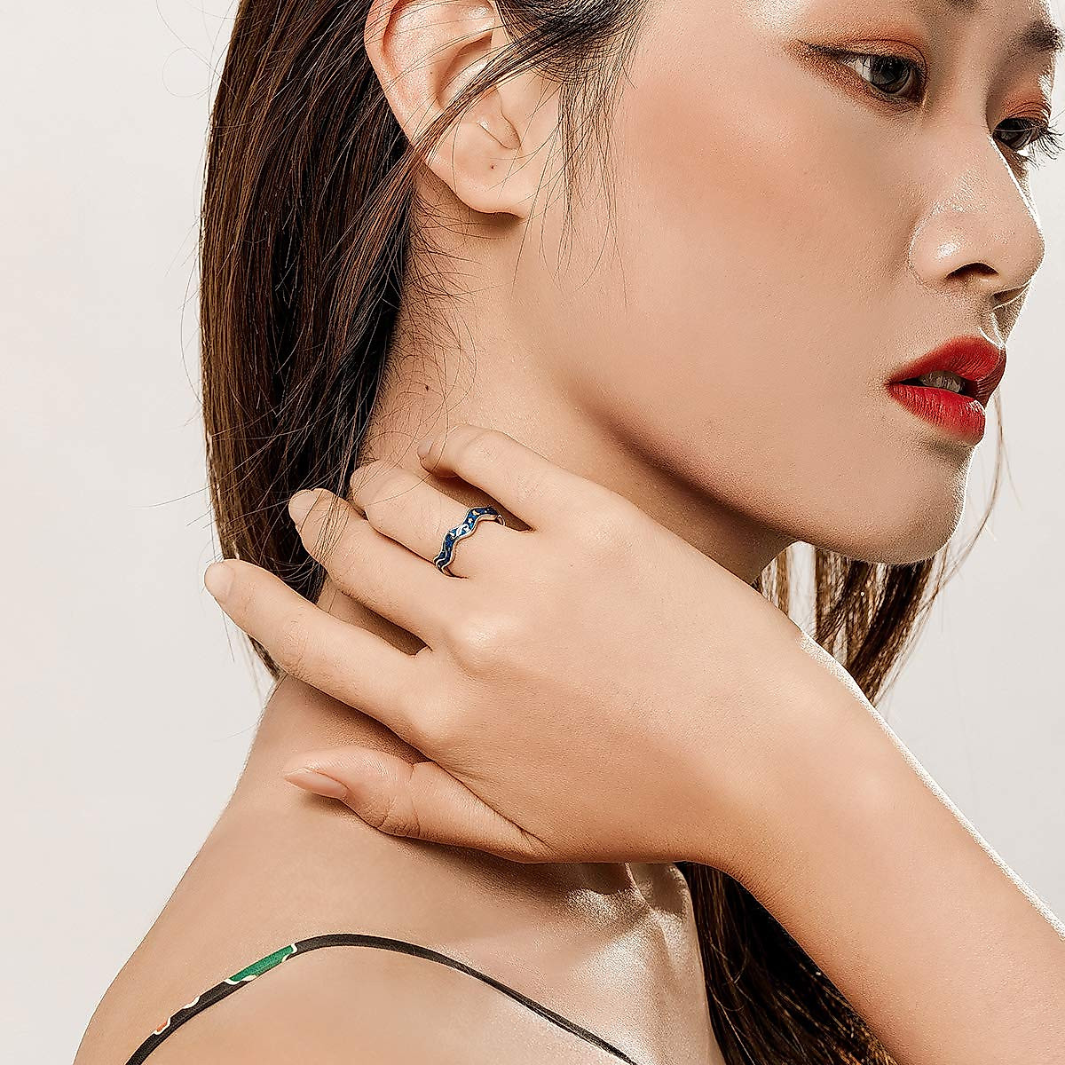 Starry Sky Moon Star Open Statement Ring S925 Sterling Silver Blue Universe Waves Stacking Engagement Wedding Rings Finger Band for Women