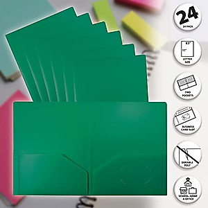 Heavyweight Plastic 2 Pocket Portfolio Folder, Letter Size Poly Folders by Better Office Products, 24 Pack (Green)