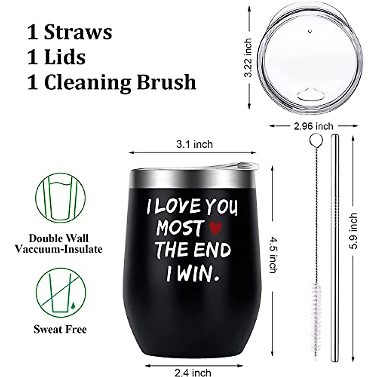 OEAGO Valentines Day Gifts for Him Her Men Women Funny Cups Wine Black Tumbler with Lid I Love You Most The End I Win Anniversary Christmas Birthday Gifts for Husband Boyfriend Girlfriend Wife
