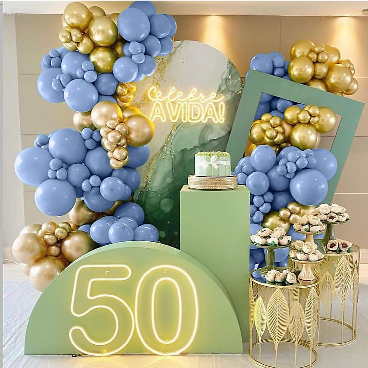 Dusty Blue Baby Shower Balloon Arch Garland Kit, 139PCS Fog Blue White Sand Metallic Gold Balloons for Neutral Boho Wedding Bridal Shower Birthday Party Decorations