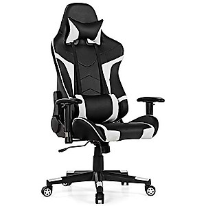 Tangkula Gaming Desk and Chair Set, Ergonomic E-Sport Gamer Desk & Racing Chair Set w/Cup Holder, Monitor Stand, Earphone Hook, Massage & Headrest, Home Office Computer Desk Chair Set (White)