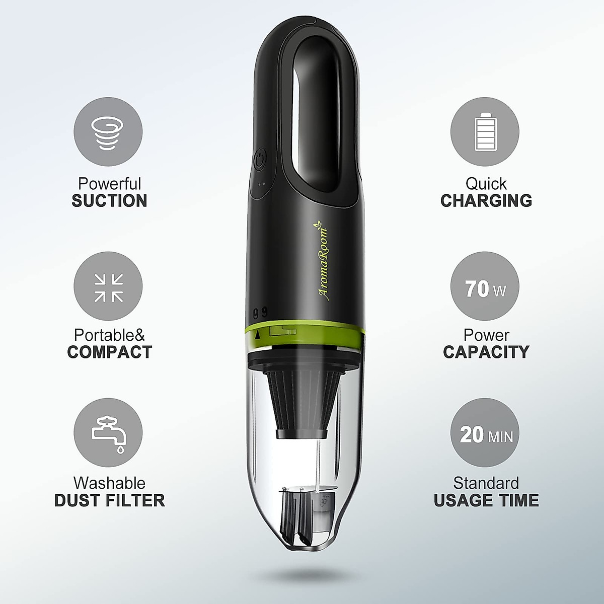 Aroma Room Portable Hand Vacuum Cleaner, Handheld Mini Cordless Cleaner for Dust Pet Hair Dirt Home, Car Interior, Lightweight, Easy to Use, Compact Design Battery Rechargeable with USB-C Cable