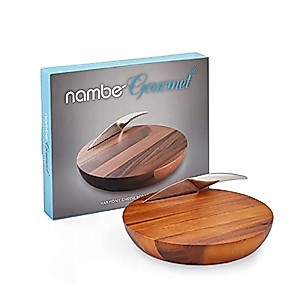 nambe Harmony Cheese Board with Knife | Made of Acacia Wood and Stainless Steel | 12” Serving Set | Charcuterie and Butter Board | Serving Platter Hostess Gift in Box | Designed by Wei Young