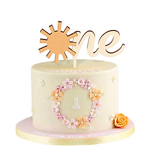 Sun One Cake Topper 1st Birthday Cake Decoration, 6.4'' x 7'' One Year Old Wooden Sun Cake Topper First Trip Around the Sun You Are My Sunshine Cake Smash Photo Booth Props B-day Bar Party Supplies