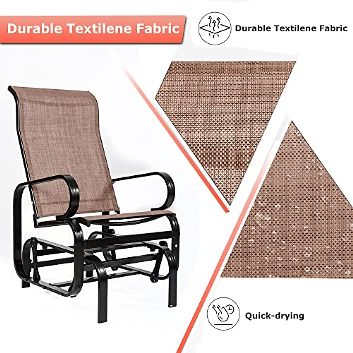 PatioPost Outdoor Porch Glider Patio Swing Rocking Lounge Chair with Powder Coated Sturdy Aluminum Frame Support for Outdoor Backyard,Beside Pool,Lawn, Textilene, Brown