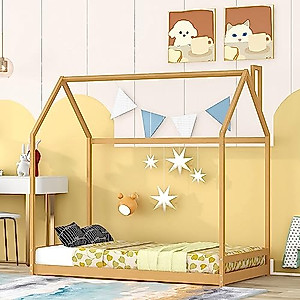 Bellemave Toddlers House Beds Twin Montessori Bed for Kids Wood Floor Bed Frame Bedroom Furniture for Girls Boys, Natural