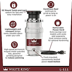 Waste King 1/3 HP Garbage Disposal with Power Cord, Compact Food Waste Disposer for Under Kitchen Sink, L-111