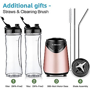 La Reveuse Smoothie Blender Personal Size 300 Watts with 2 Pieces 18 oz BPA-free Travel Sports Bottles,Grey (Pink)