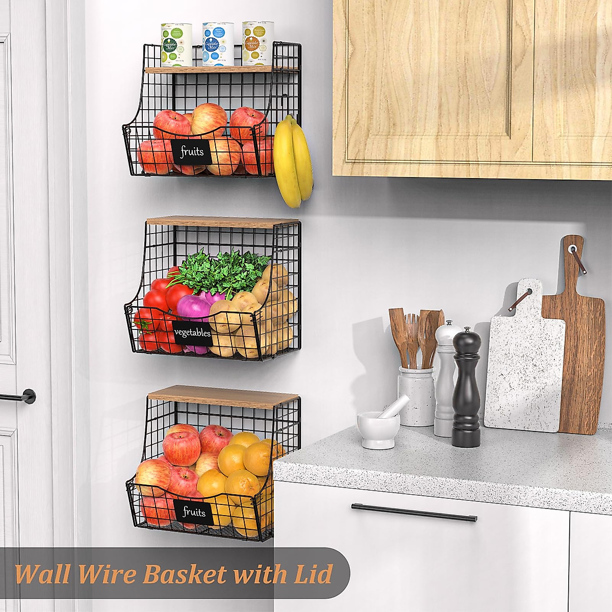 Fruit Basket for Kitchen with Wood Lid - Counter&Wall Mounted Onion and Potato Storage with Nameplate, Stackable Storage Basket, Hanging Metal Wire Baskets Kitchen Countertop Organizer Pantry 3 Pack