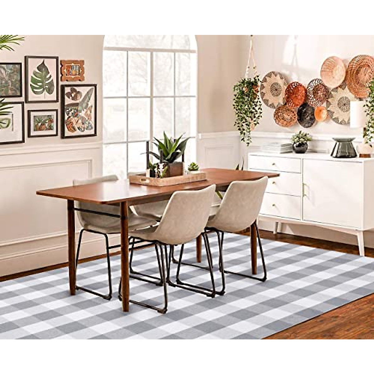 KOZYFLY Buffalo Plaid Area Rug 5 x 7 Ft Gray and White Checkered Rug Washable Outdoor Patio Rugs Cotton Rugs for Living Room Carpet for Living Room Outdoor Dining Room Bedroom Farmhouse Rug