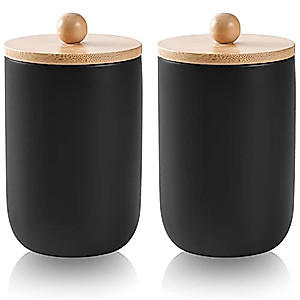 JiatuA Qtip Holder Dispenser with Bamboo Lids, Matte Black Ceramic Apothecary Jar Containers Cotton Ball Holder for Vanity Makeup Organizer Bathroom Canister Storage Farmhouse Decor, 2 Pack