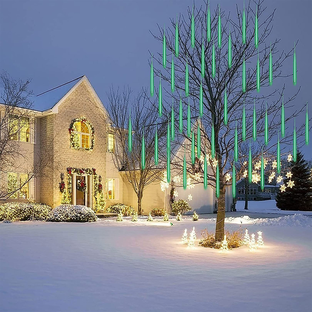 Meteor Shower Rain Light 80cm 8 Tubes 576 LED Waterproof Falling Rain Lights Snow Falling for Home Decor Wedding Garden, Green
