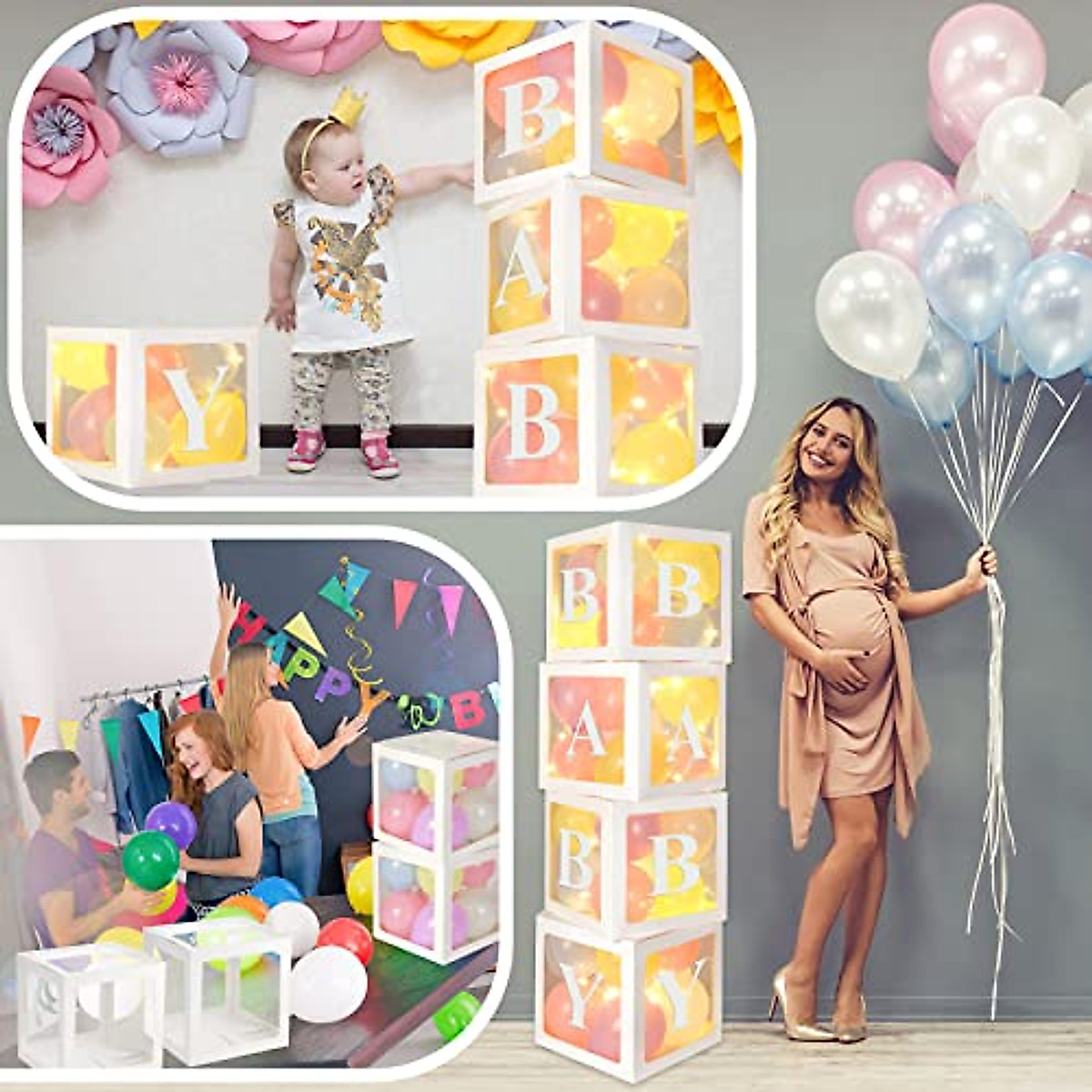 Sratte Balloon Box with Letters and Numbers Clear Blocks Boxes with LED Lights for Shower Party Decorations Birthday Wedding Graduation Party Supply, No Balloons(White, Warm White,8 Pcs)