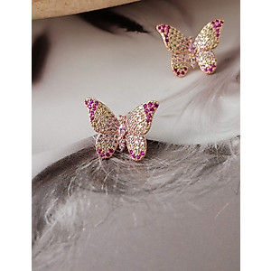 ANNBABIC Colorful CZ Butterfly Stud Earrings for Women - Cubic Zirconia Paved Butterfly Earrings - Butterfly Earrings Plated in RoseGold