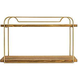 MyGift Modern 2-Tier Floating Wall Shelf, Natural Brown Wood Bathroom Shelves with Vintage Brass Metal Frame