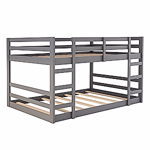 Bunk Beds Full Over Full Low Bunk Bed Frame Wood Floor Bunkbed for Kids Toddlers Boys Girls Teens’ Bedroom Dorm, Gray