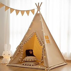 RONGFA Kids-Teepee-Tent with Lights &Large Pompoms & Carry Bag, Machine Washable Teepee Tent for Kids Indoor Tent, Foldable Toddler Tent for Kids -Toddler Teepee Tent for Girls & Boys（Without Mat）
