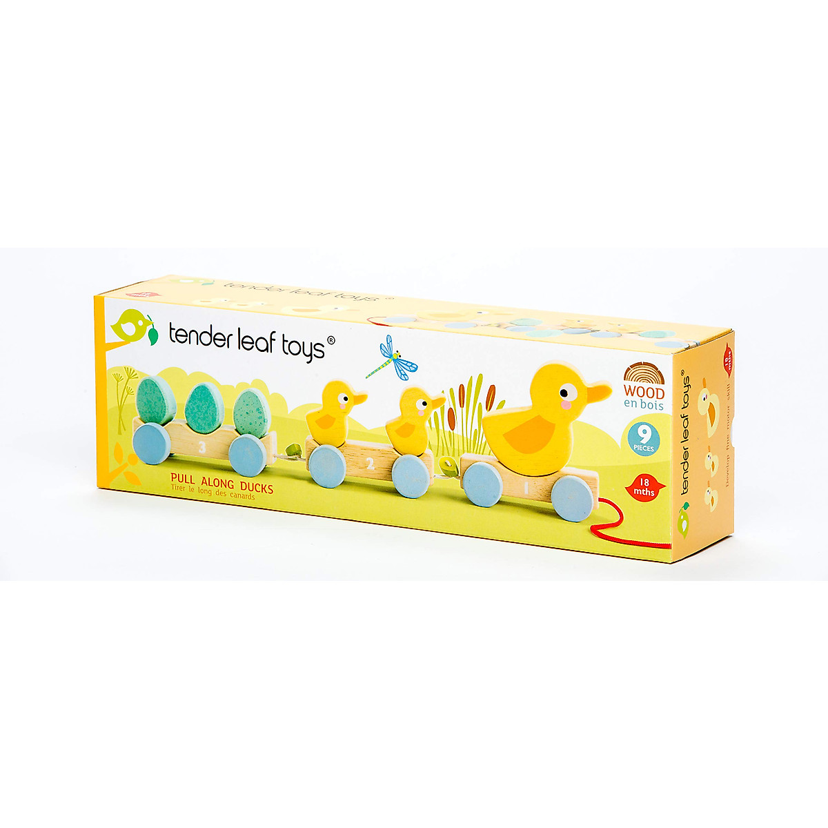 Tender Leaf Toys - Pull Along Ducks - Classic Wooden Pull Along Toy - 9pc Duck Family Set with 1 Mother Duck, 2 Baby Ducks, 3 Eggs and 3 Cars - Encourages Number Learning - 18Mths+