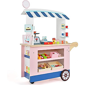 HONEY JOY Kids Food Cart, 30-Piece Toddler Pretend Play Grocery Store Playset w/Cash Register & Scale, Wooden Dessert Shop Play Market, Children Beverage Stand Cart w/Wheels, Gift for Boys Girls