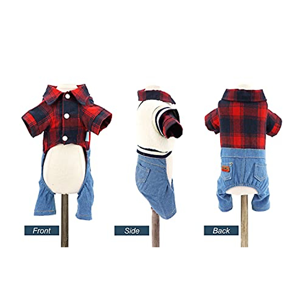 HOODDEAL Dog Clothes Plaid Dog Shirt Dog Outfit Overalls Jeans Jumpsuit with Warm Sweater Vest Two-Piece Cool Puppy Clothes for Small Dogs Boy (Medium, Red-Black)