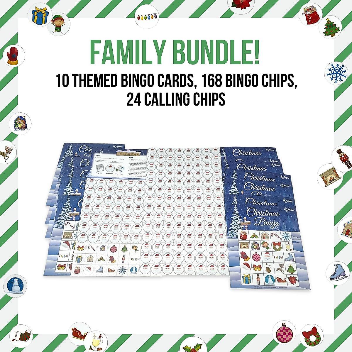 Regal Games - Holiday Bingo Set - Family Size Game Kit - Includes 10 Bingo Cards, 168 Bingo Marking Chips, 24 Calling Chips - 8” x 7” Cardstock